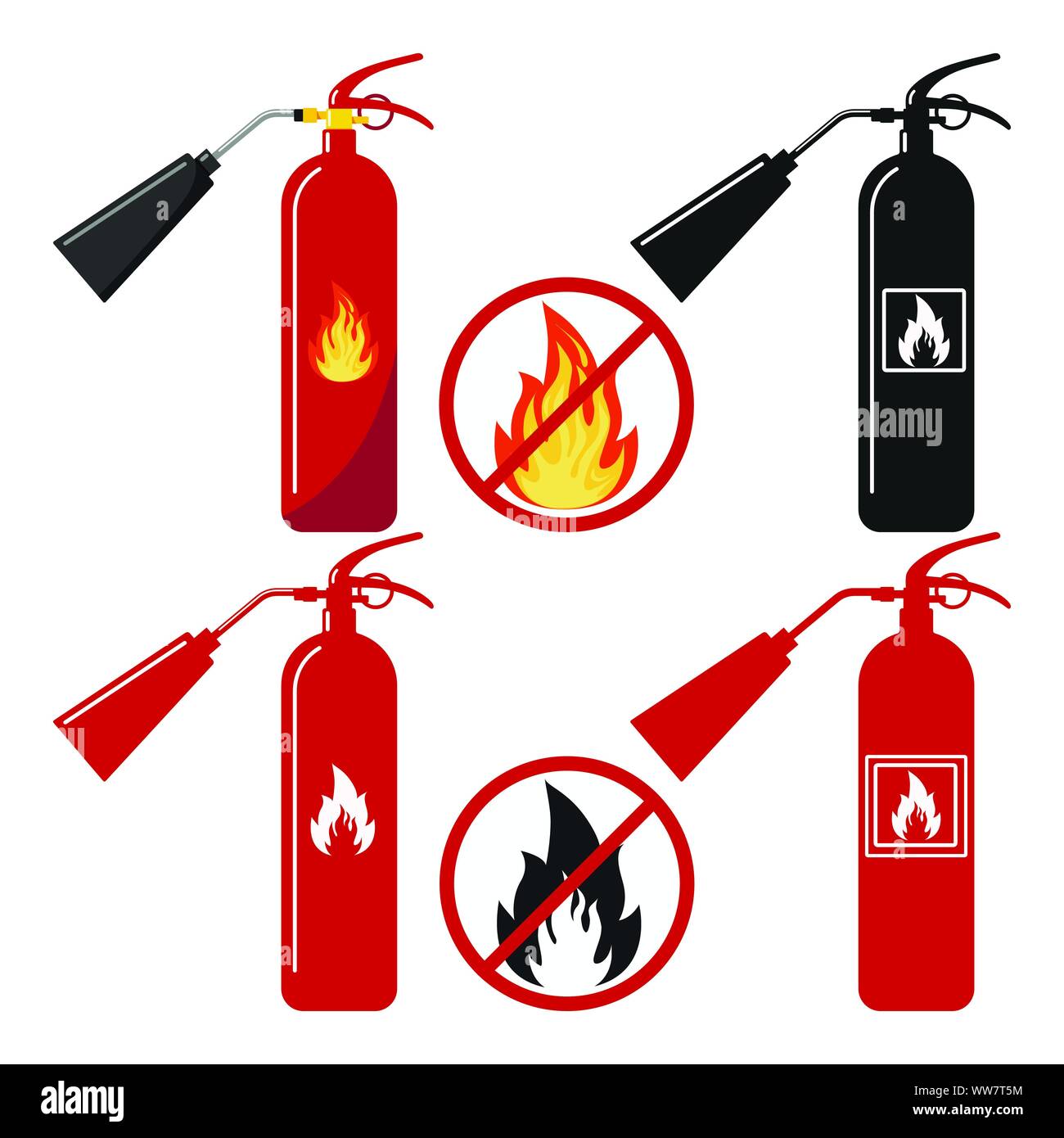 Vector illustration of flat design set red, black fire extinguisher ...