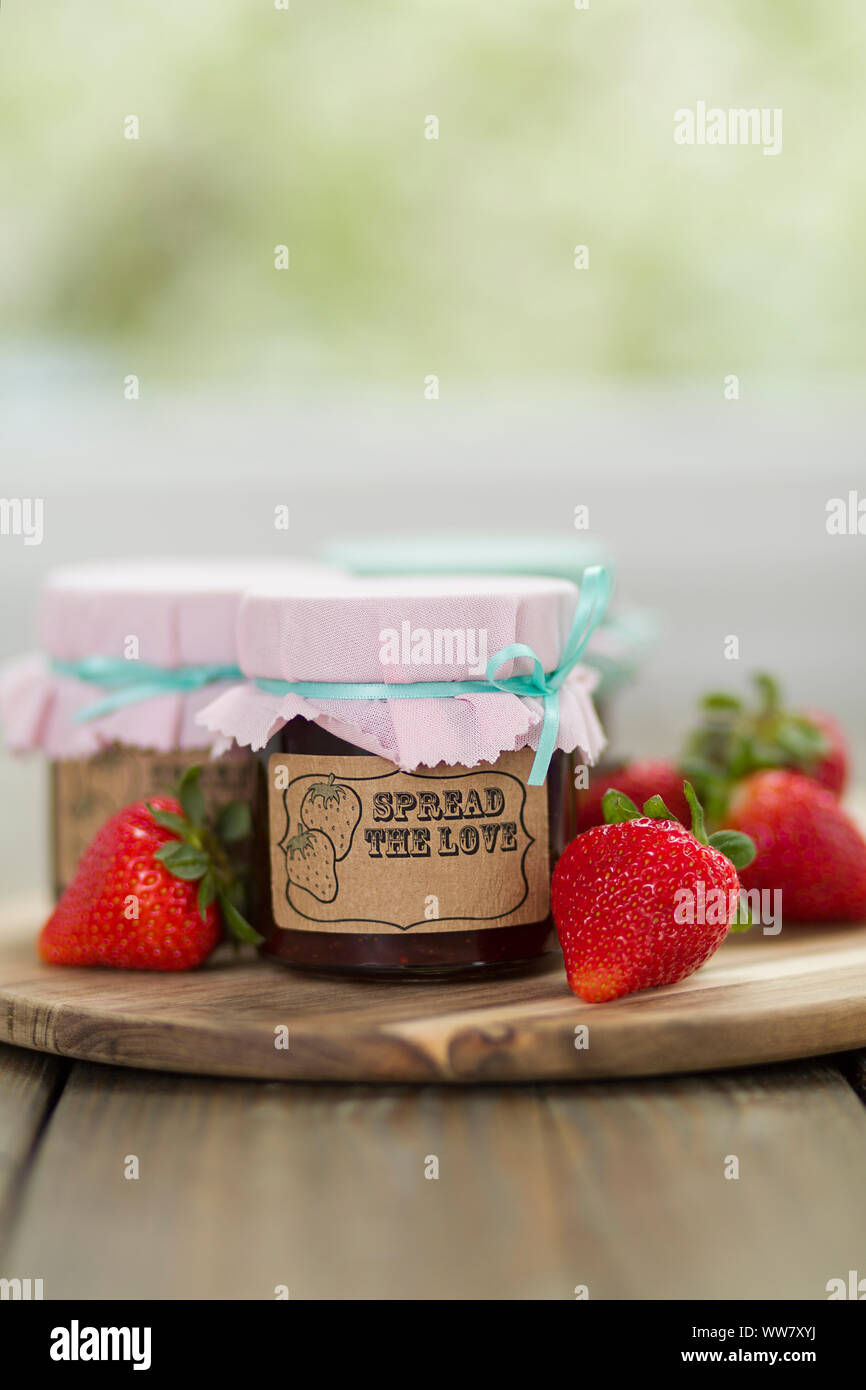 Strawberry jam, preserving jar, serving tray Stock Photo - Alamy