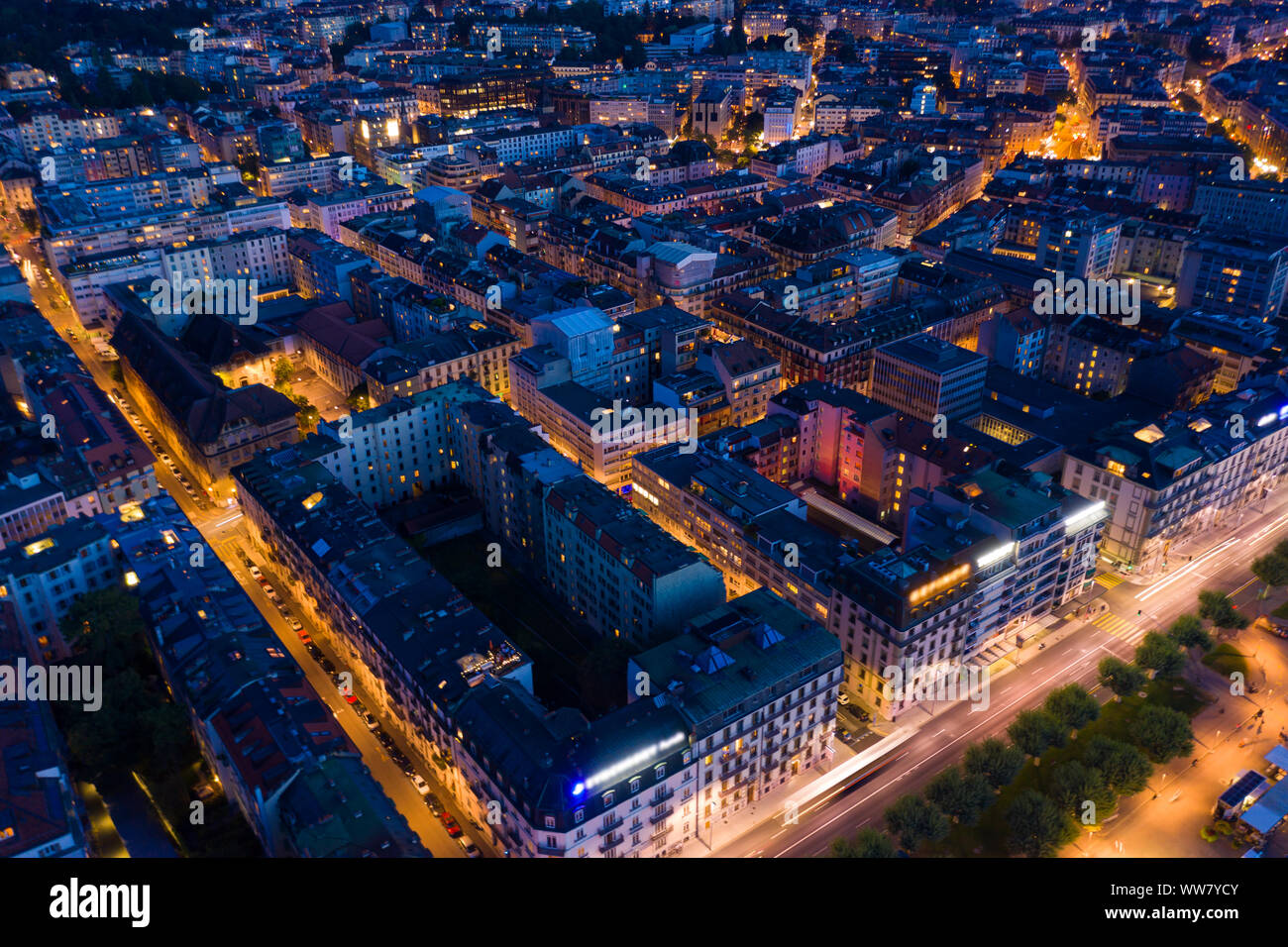 Aerial night view of Geneva city waterfront skyline in Switzerland ...