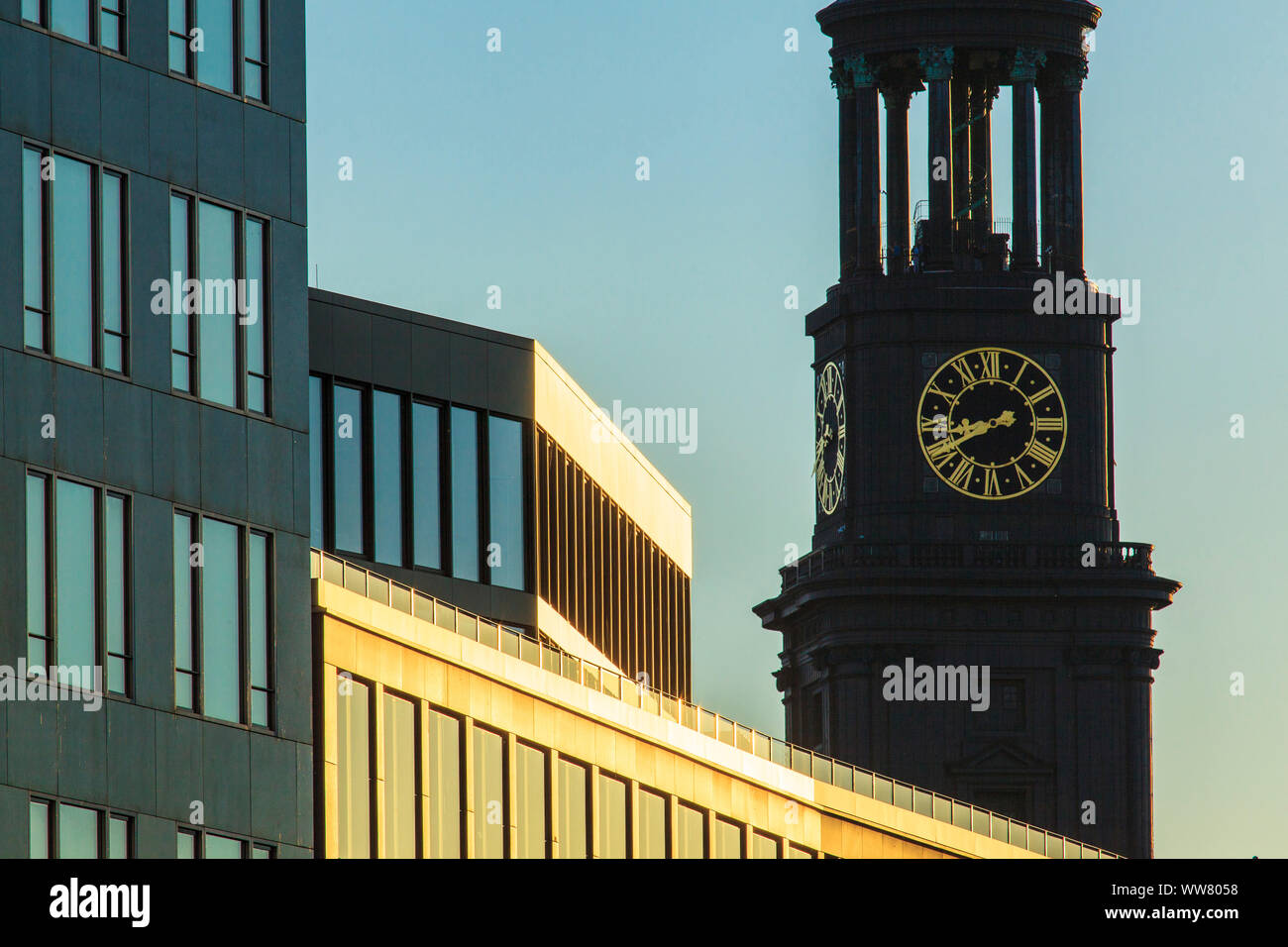 Office buildings and church tower of St. Michaelis church in Hamburg ...