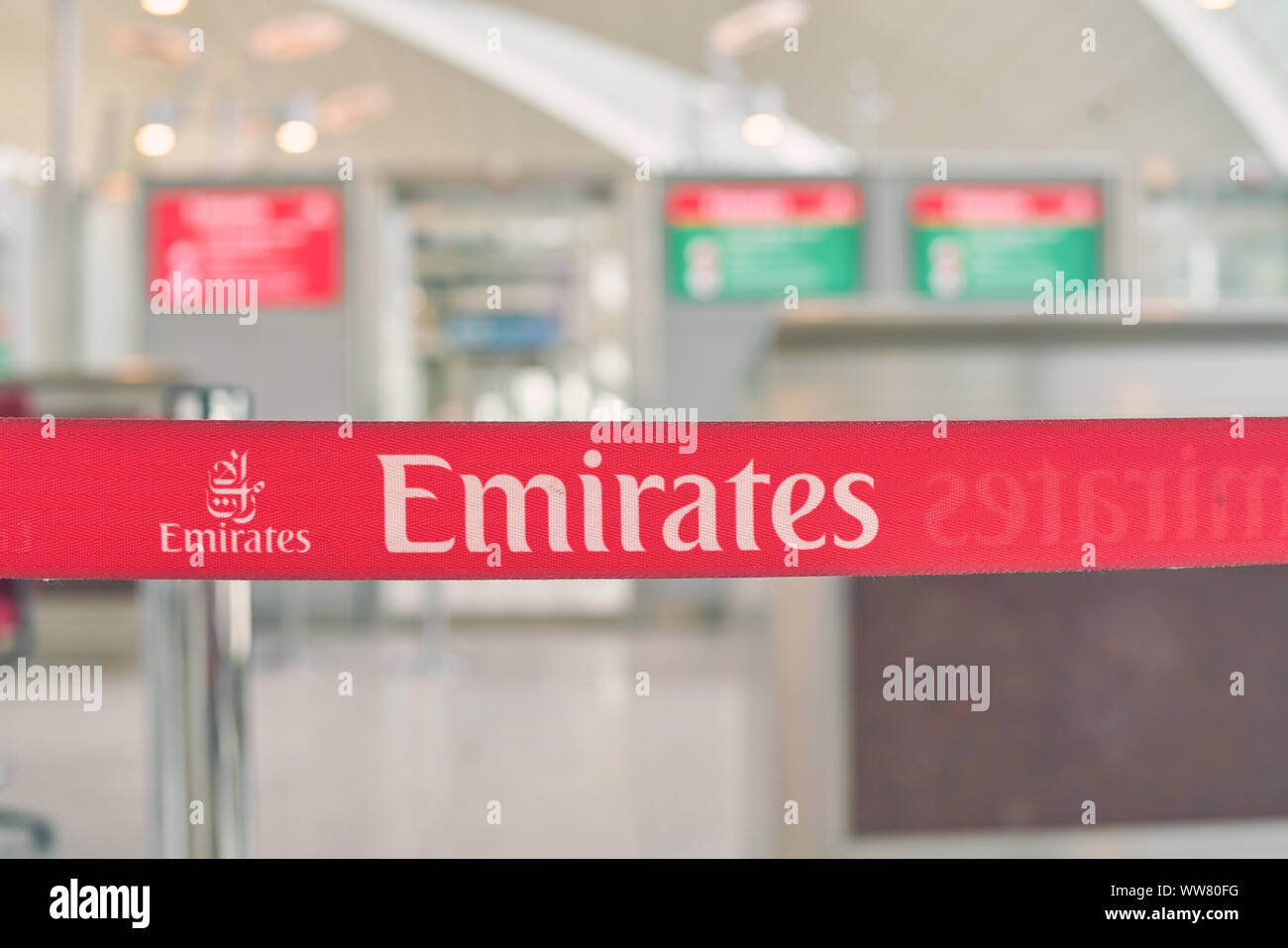 DUBAI, UAE - CIRCA JANUARY, 2019: close up shot of Emirates sign on a ...