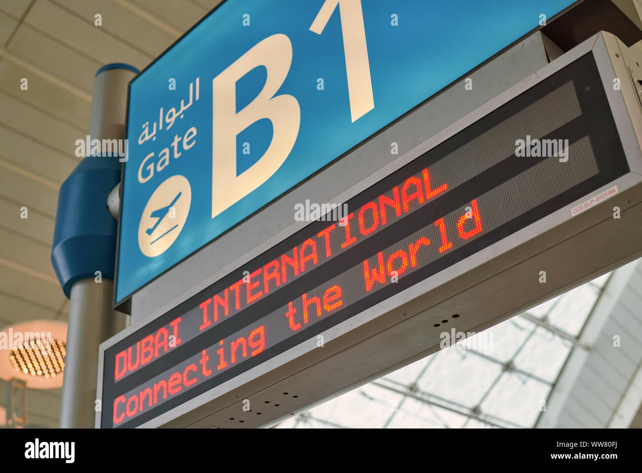 DUBAI, UAE - CIRCA JANUARY, 2019: close up shot of a gate sign at Dubai ...
