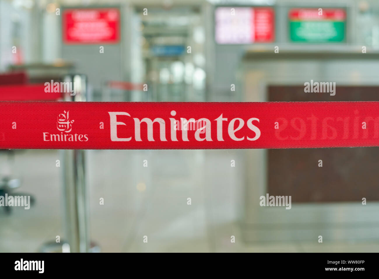 DUBAI, UAE - CIRCA JANUARY, 2019: close up shot of Emirates sign on a ...