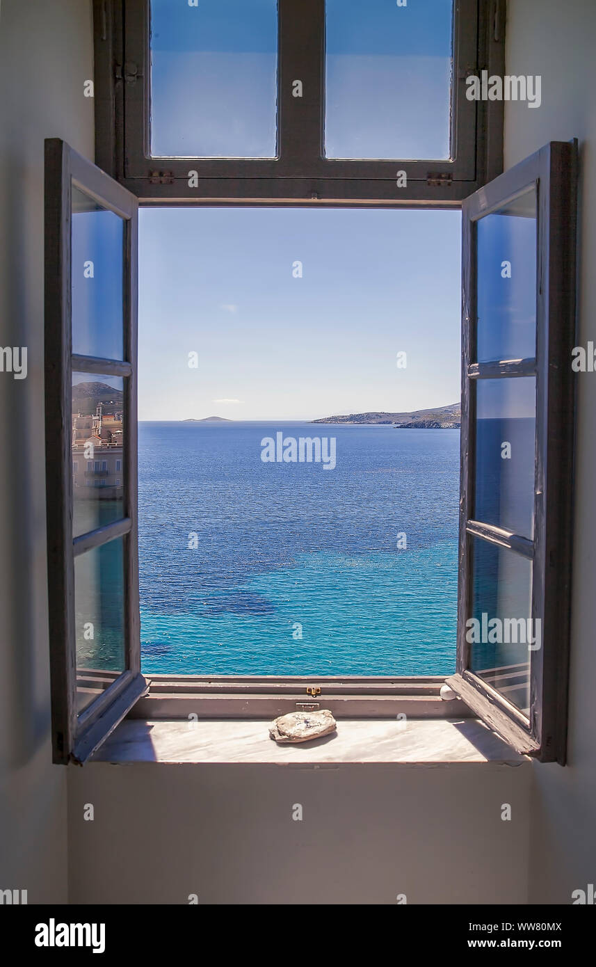Open Window with view the Aegean Sea . Seascape Stock Image Stock Photo ...