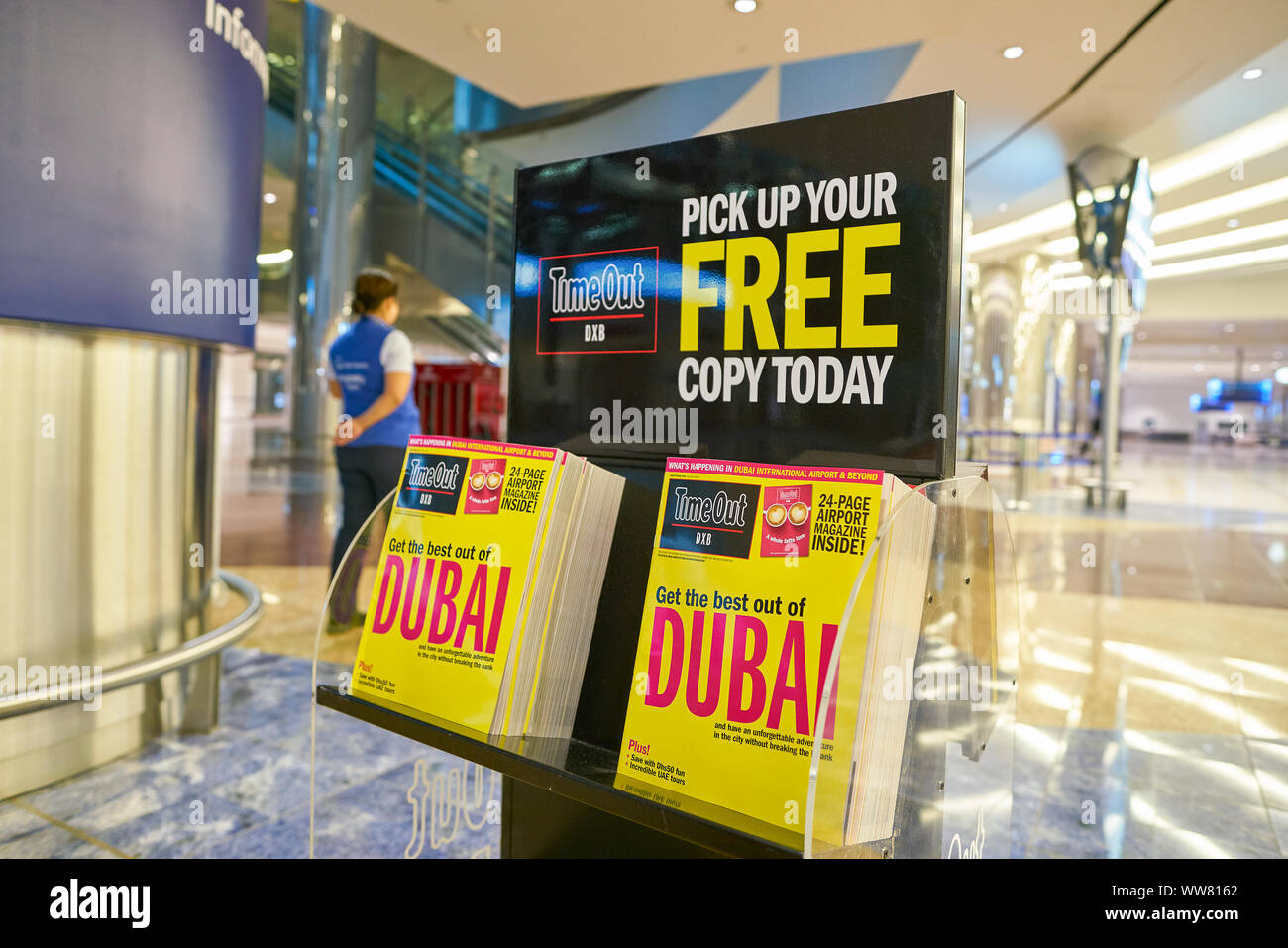 DUBAI, UAE - CIRCA JANUARY, 2019: Time Out magazines on display at ...