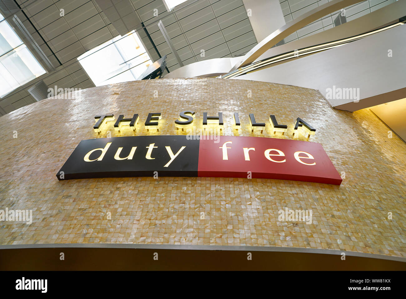SINGAPORE - CIRCA APRIL, 2019: The Shilla Duty Free sign seen Changi ...