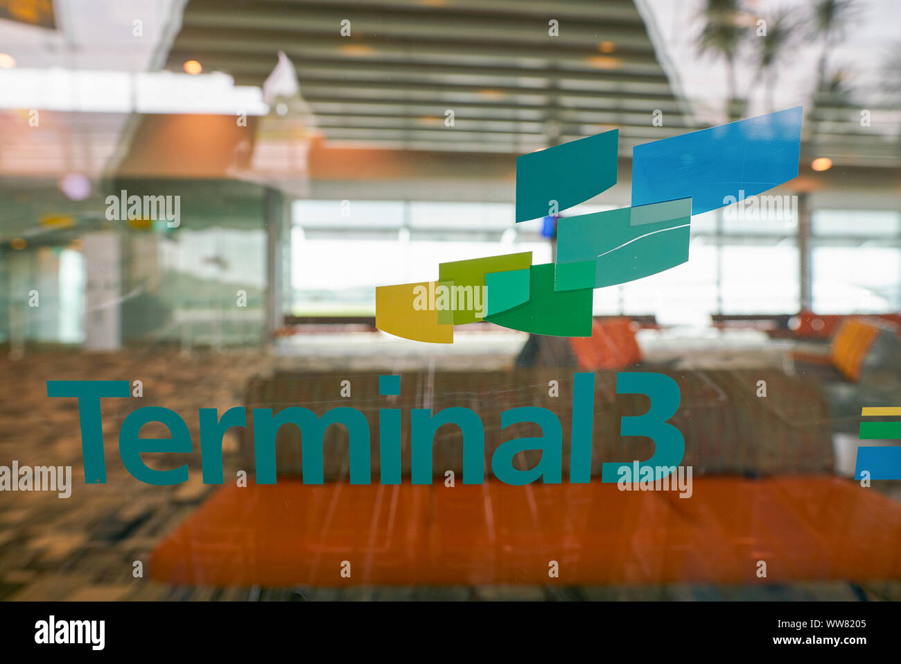 SINGAPORE - CIRCA APRIL, 2019: close up shot of Terminal 3 sign seen at ...