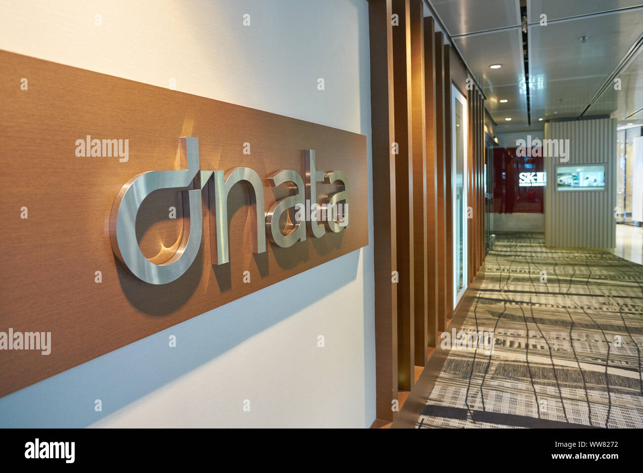 SINGAPORE - CIRCA APRIL, 2019: the dnata Lounge sign at Singapore ...