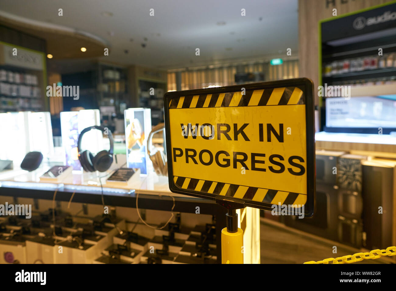 SINGAPORE - CIRCA APRIL, 2019: close up shot of "Work in Progress" sing ...