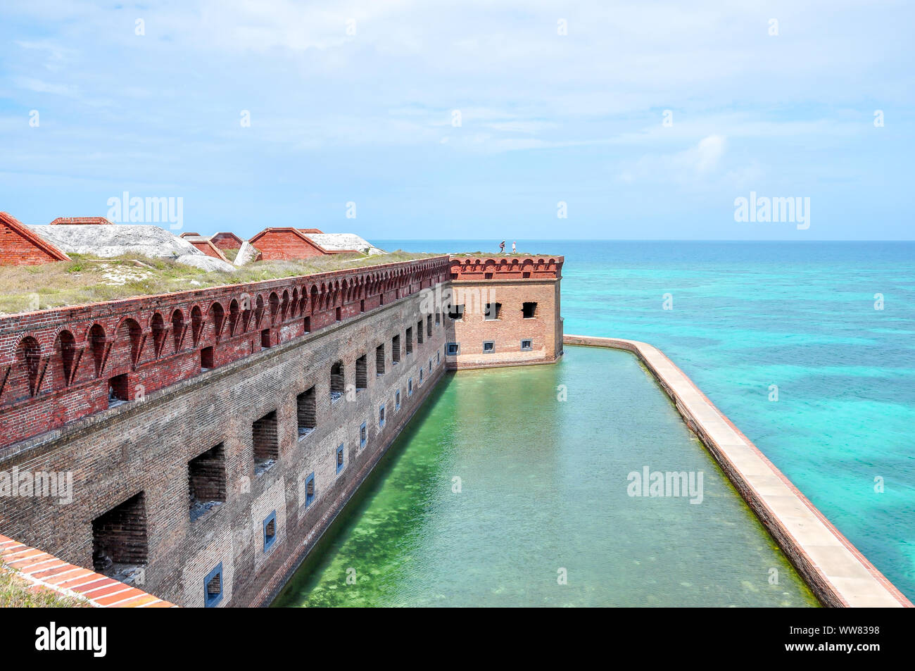 View from roof of Fort Jefferson over moat w/ beautiful turquoise water ...