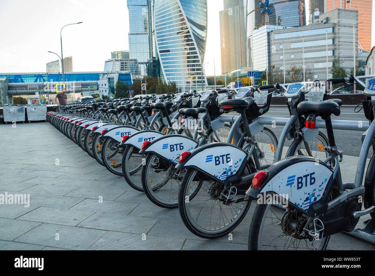 Moscow, Russia - Sep 12, 2019: Bicycle rental stand in a row, Moscow ...