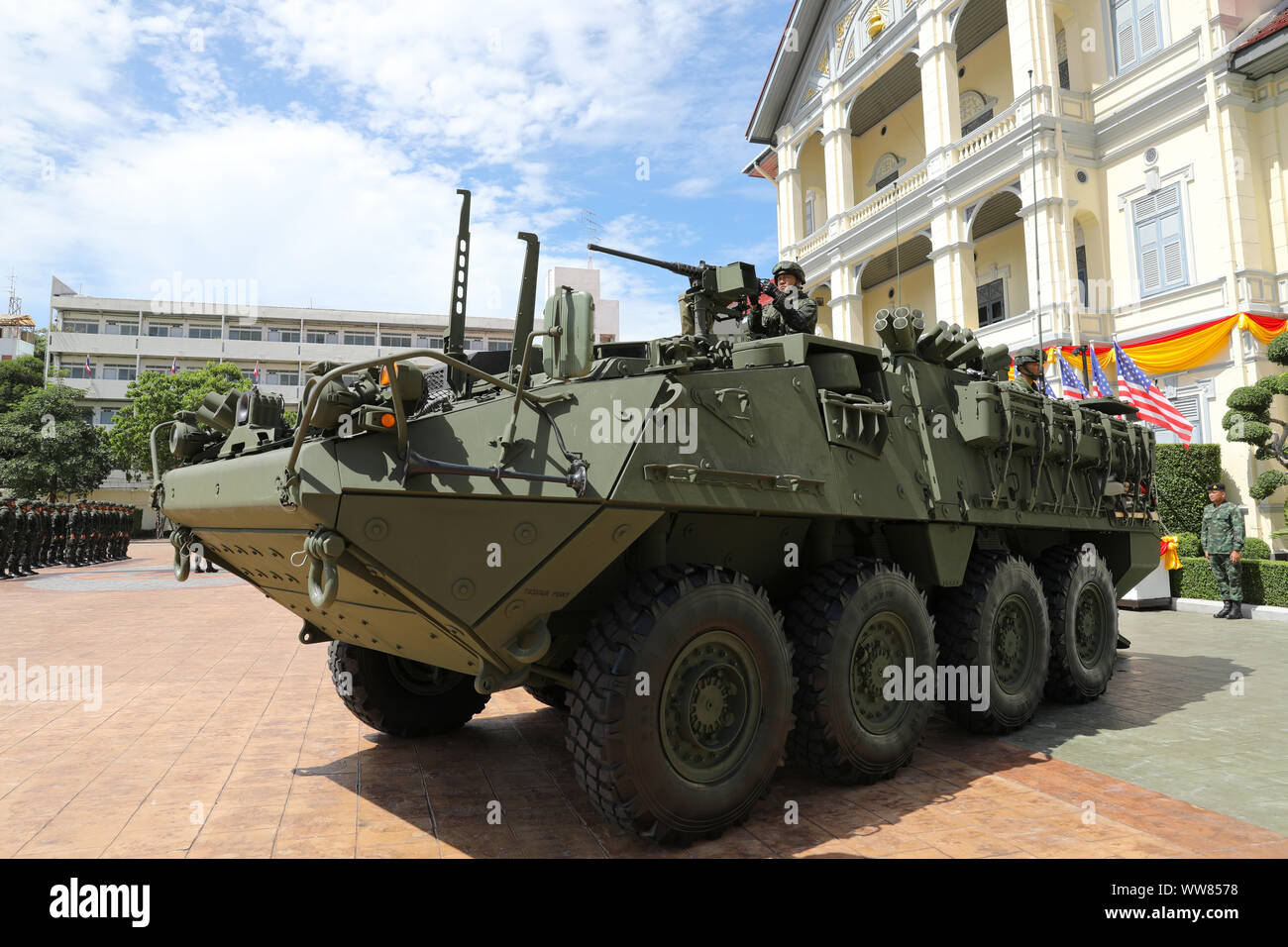 A Royal Thai Army Stryker is moved into place prior to the start of an ...
