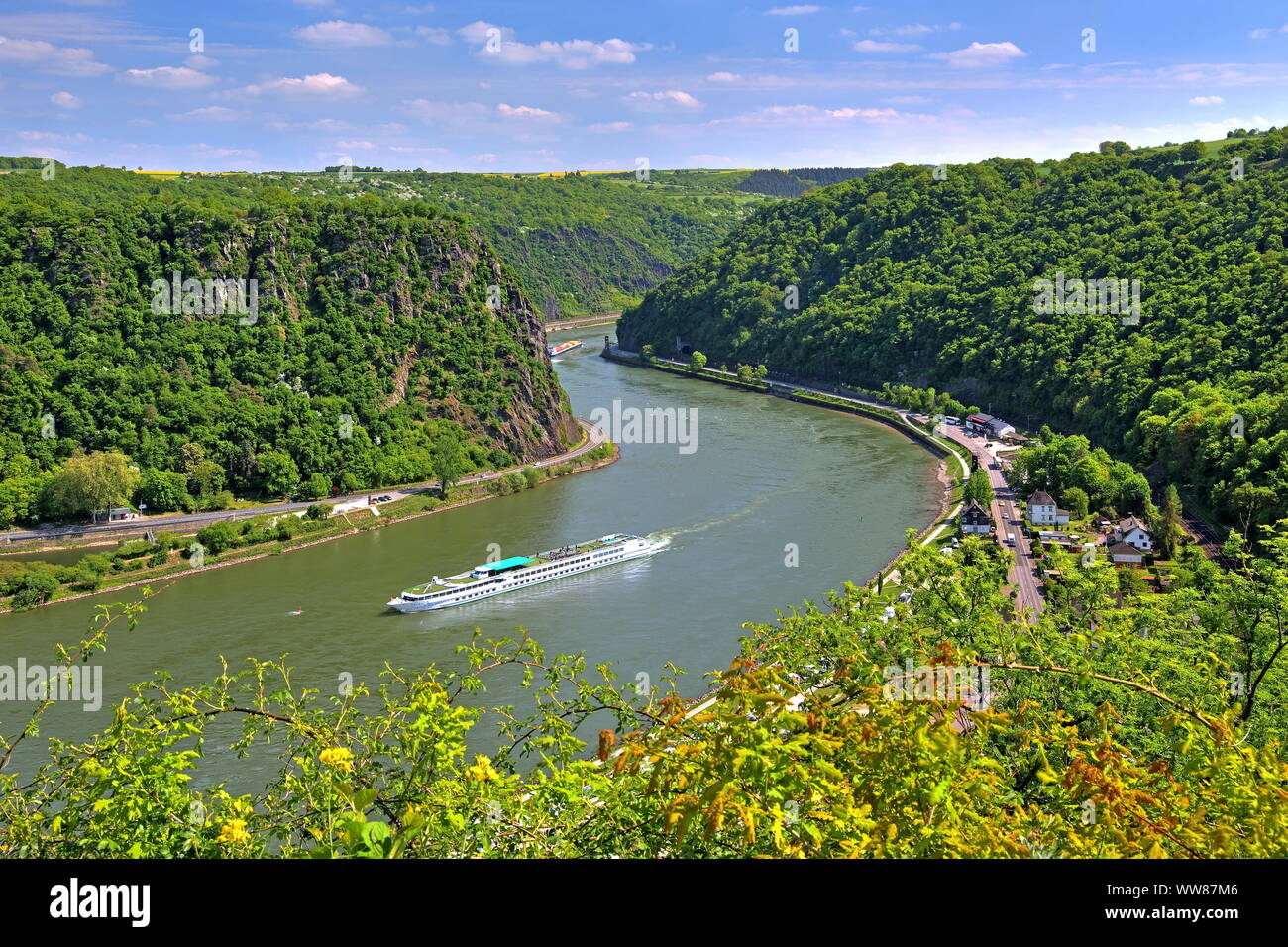 Rhine Valley with the Loreley rock and river cruise ship at the places ...
