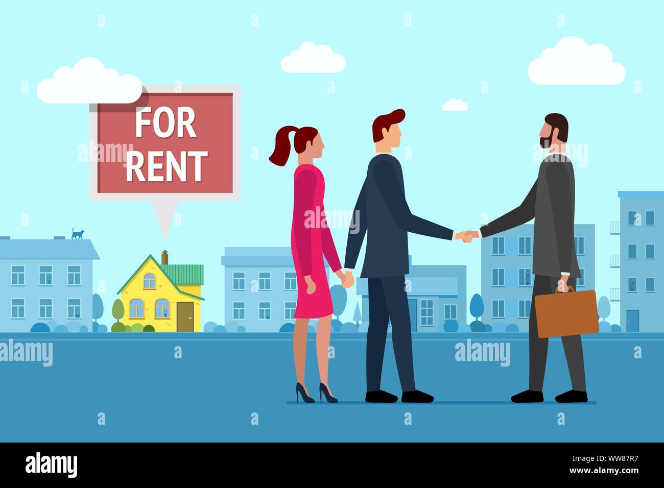 Property agent selling or renting house to young person couple family ...