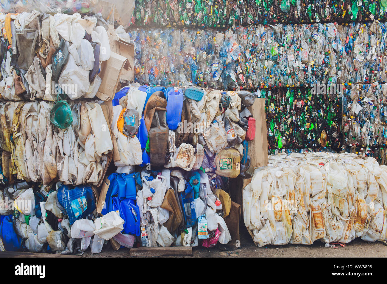 Ufa, Russia, 1 July, 2019 Large stack of old plastic bottles Stock ...