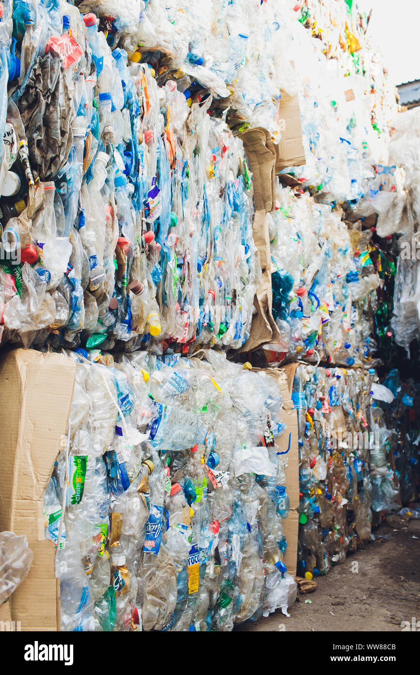 Ufa, Russia, 1 July, 2019 Large stack of old plastic bottles Stock ...