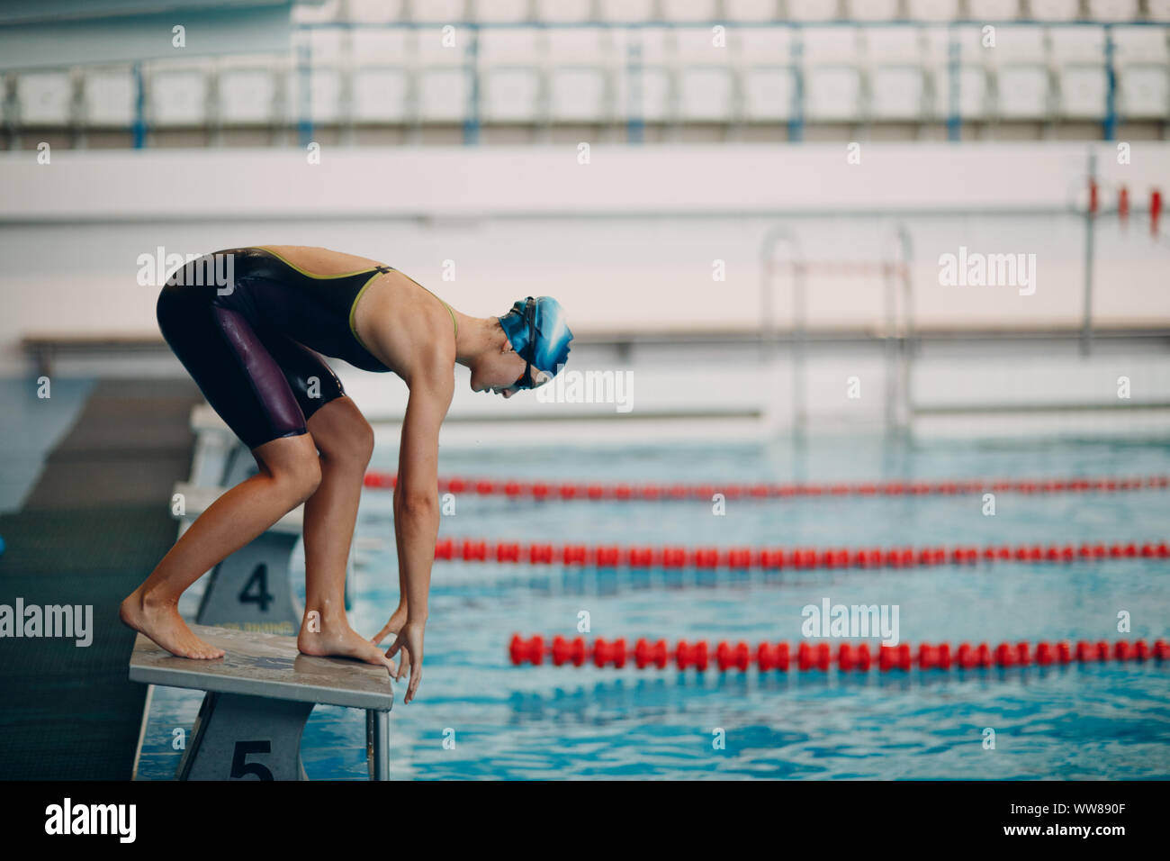 Young woman swimmer getting ready for competition and swim in swimming ...