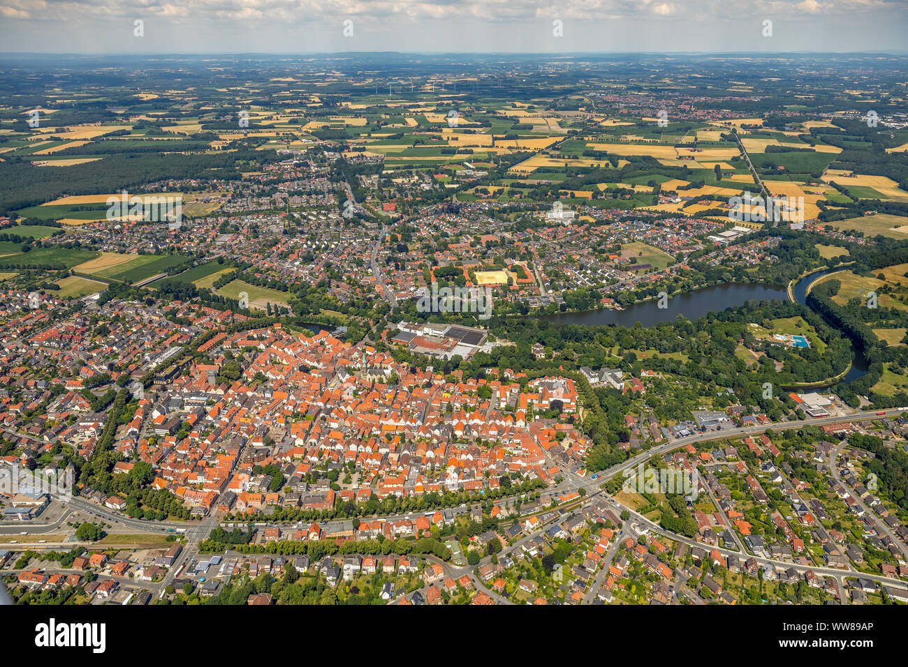 Aerial view, overview Warendorf, Emssee, Ems, MÃ¼nsterland, North Rhine ...