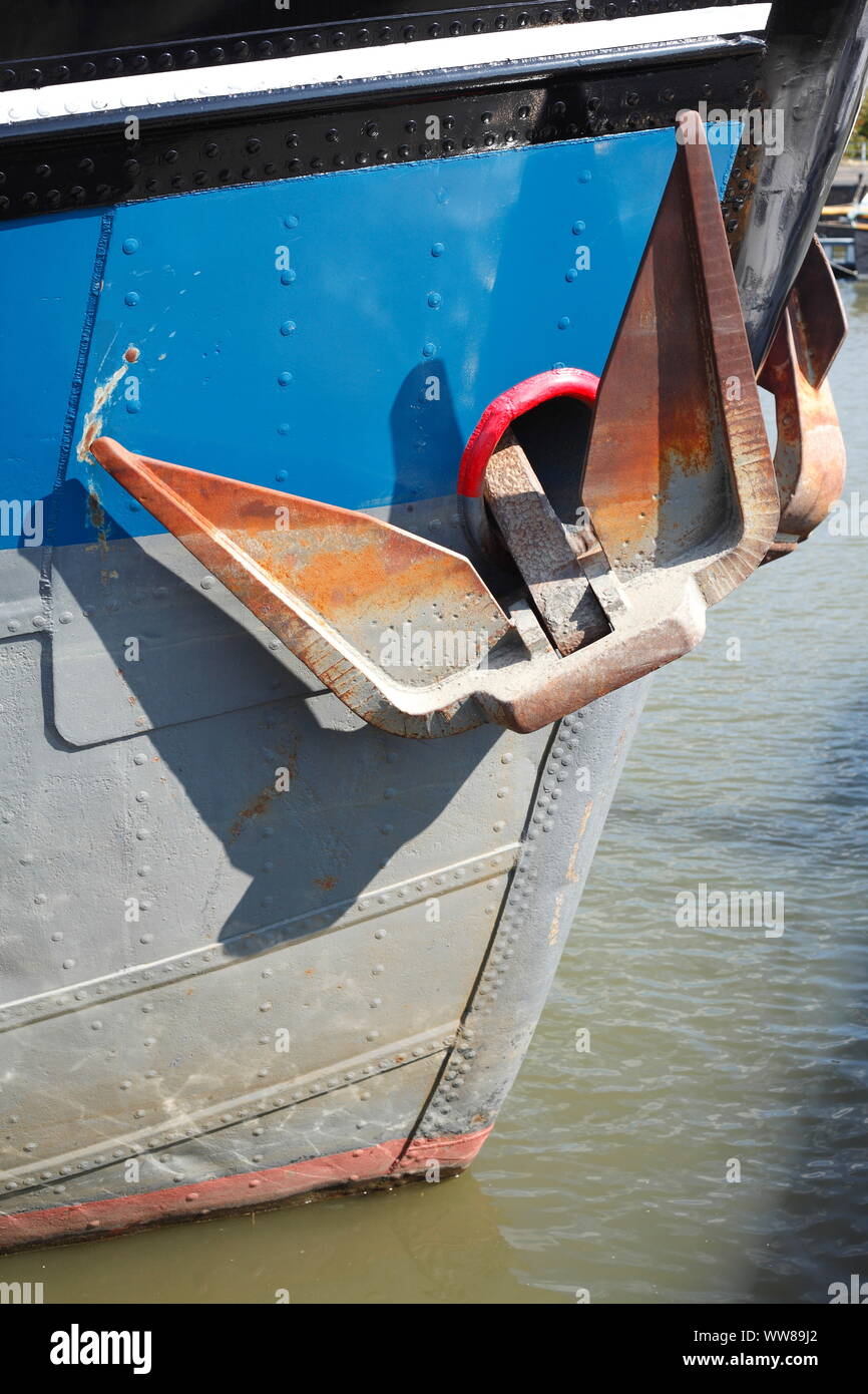 Ship bow with ship anchor, barge, Brake, district Wesermarsch, Lower ...