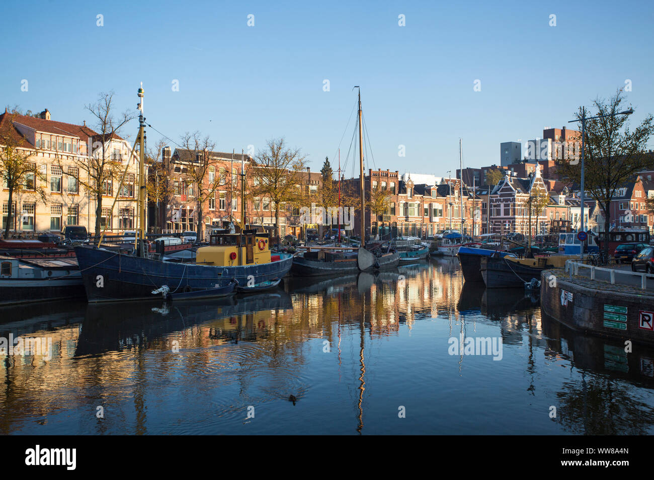Netherlands, Groningen, view of ships and canals in the centre of ...