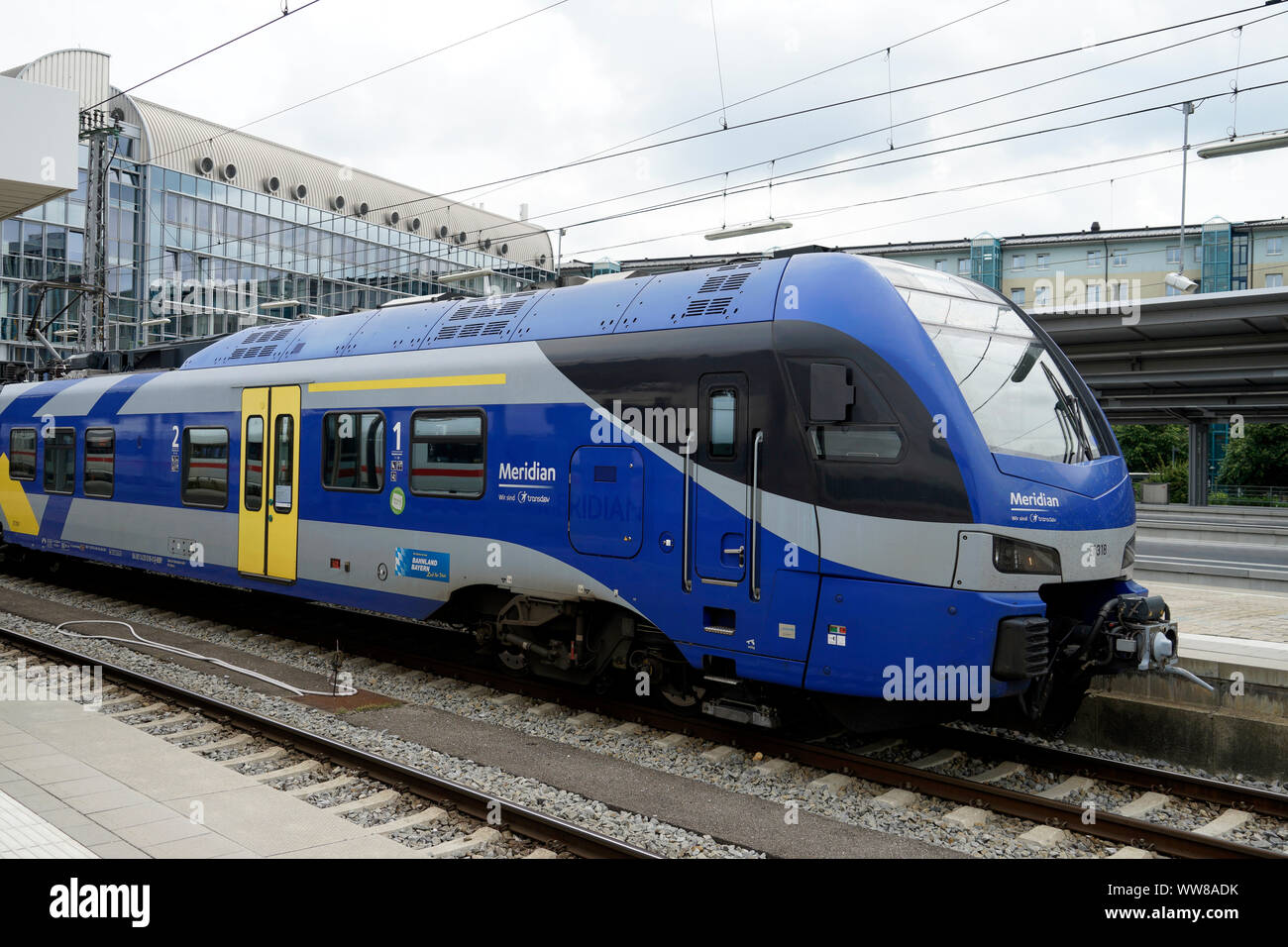 Germany, Bavaria, Munich, central station, blue local train, private ...