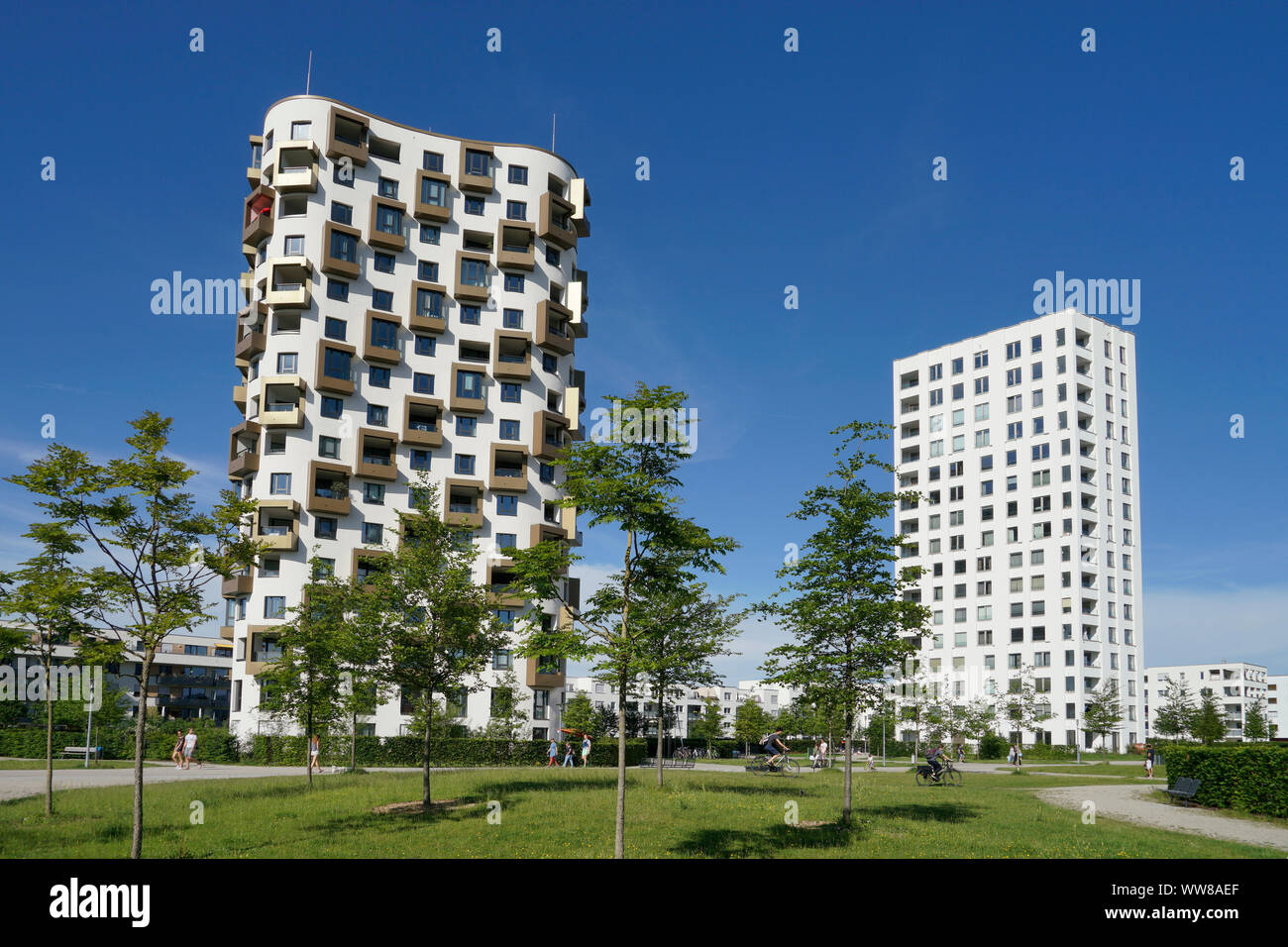 Germany, Bavaria, Munich, modern residential complex, two high-rise ...