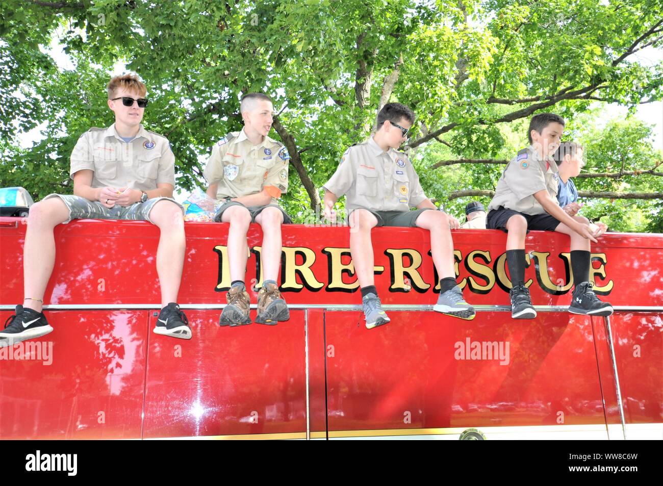 Boy Scouts Riding Fire Truck in Small-Town America Parade Stock Photo ...
