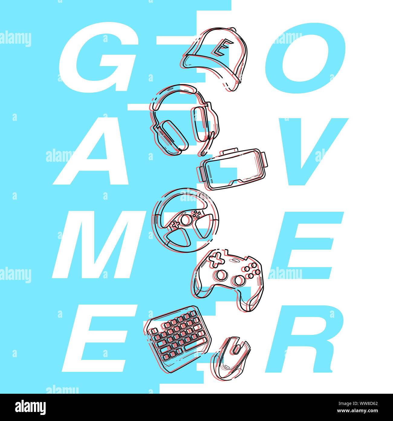 Concept Game Over, blue color and Glitch linear Game Gadgets icons ...