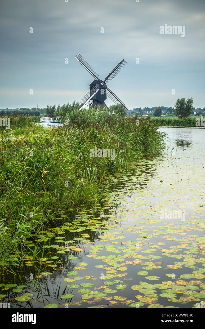 View of traditional Dutch Windmill and landscape seen from Kinderdijk ...