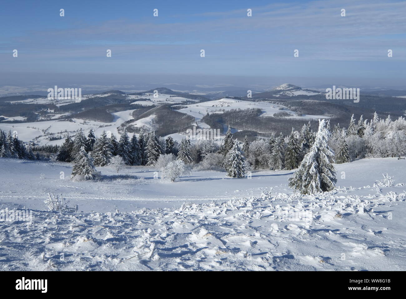 The Wasserkuppe, the highest mountain of the RhÃ¶n in winter, Biosphere ...