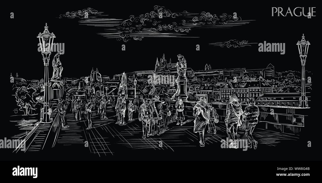 Vector hand drawing Illustration of Charles Bridge and panorama of ...