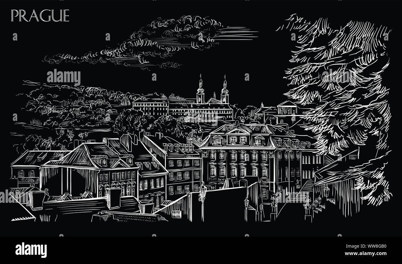 Vector hand drawing Illustration of panoramic cityscape of Prague ...