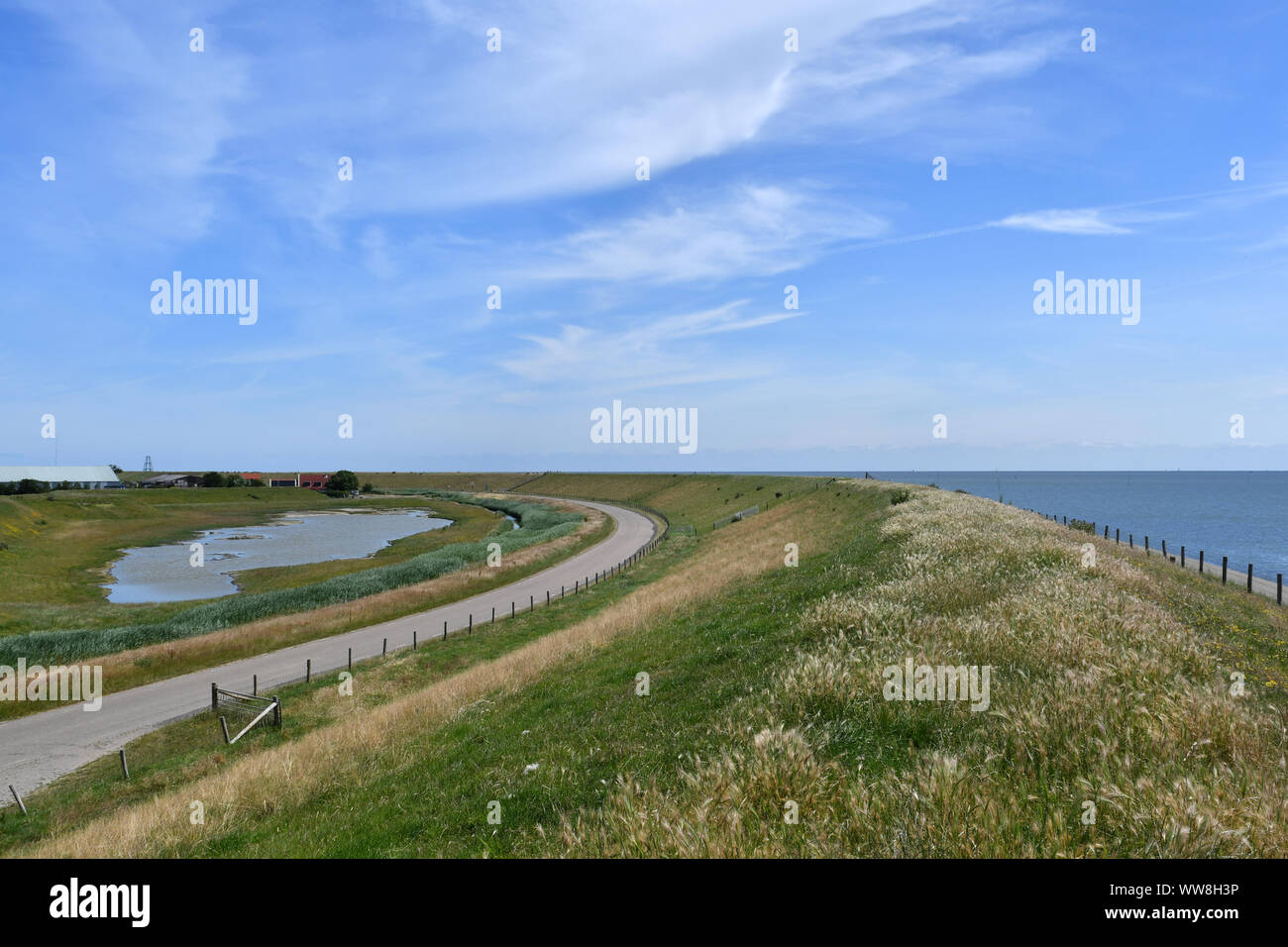 view from a dike with the land on the left and the Northsea on the ...
