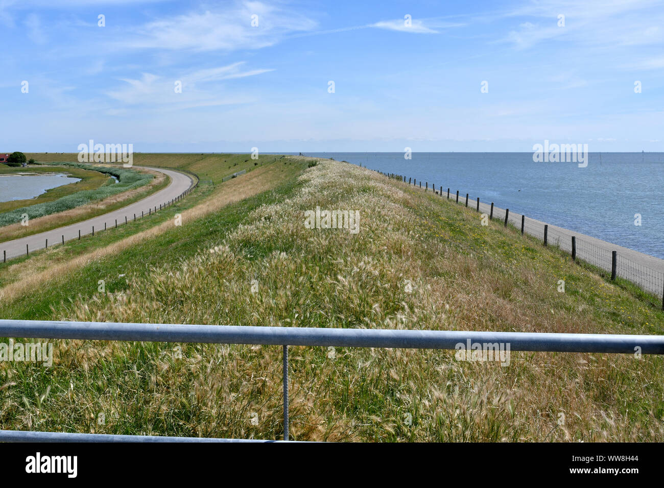 view from a dike with the land on the left and the Northsea on the ...