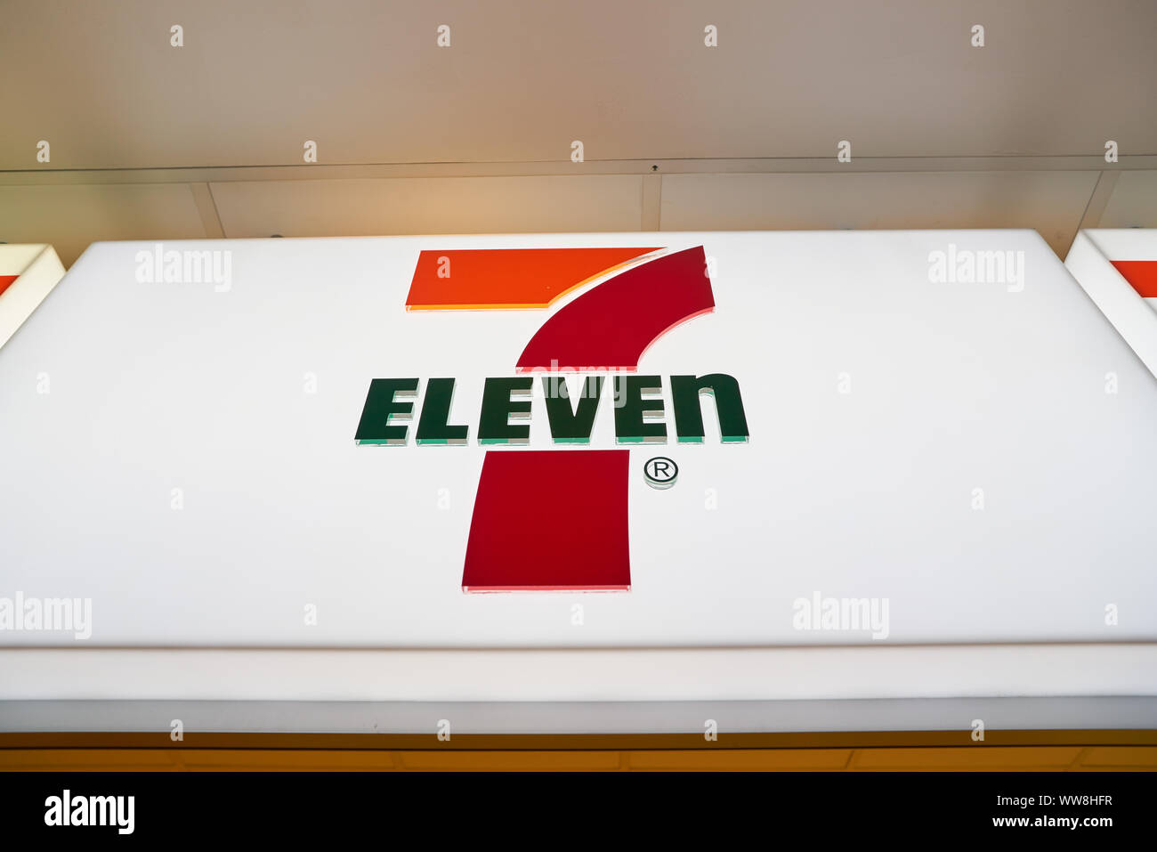SINGAPORE - CIRCA APRIL, 2019: close up shot of 7-Eleven sign seen at ...