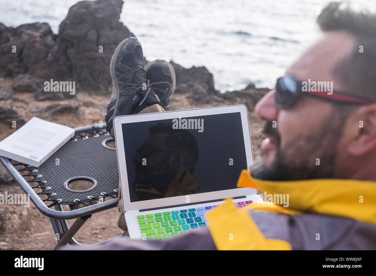 digital nomad at work in unusual office alternative open space on the ...