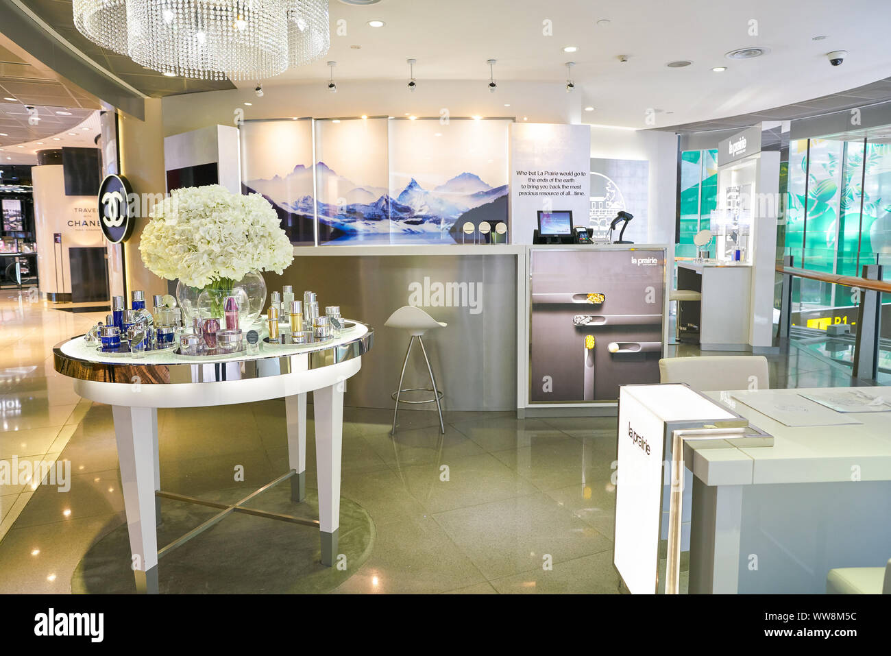 SINGAPORE - CIRCA APRIL, 2019: La Prairie products on display at Changi ...