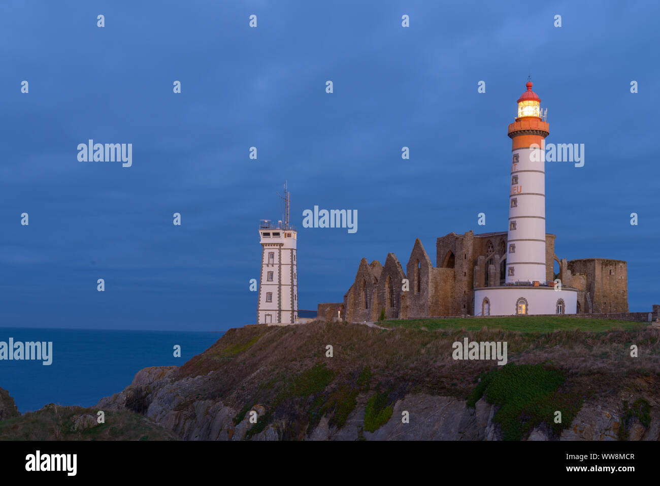 Lighthouse in the morning with beacon, Saint Mathieu lighthouse with ...