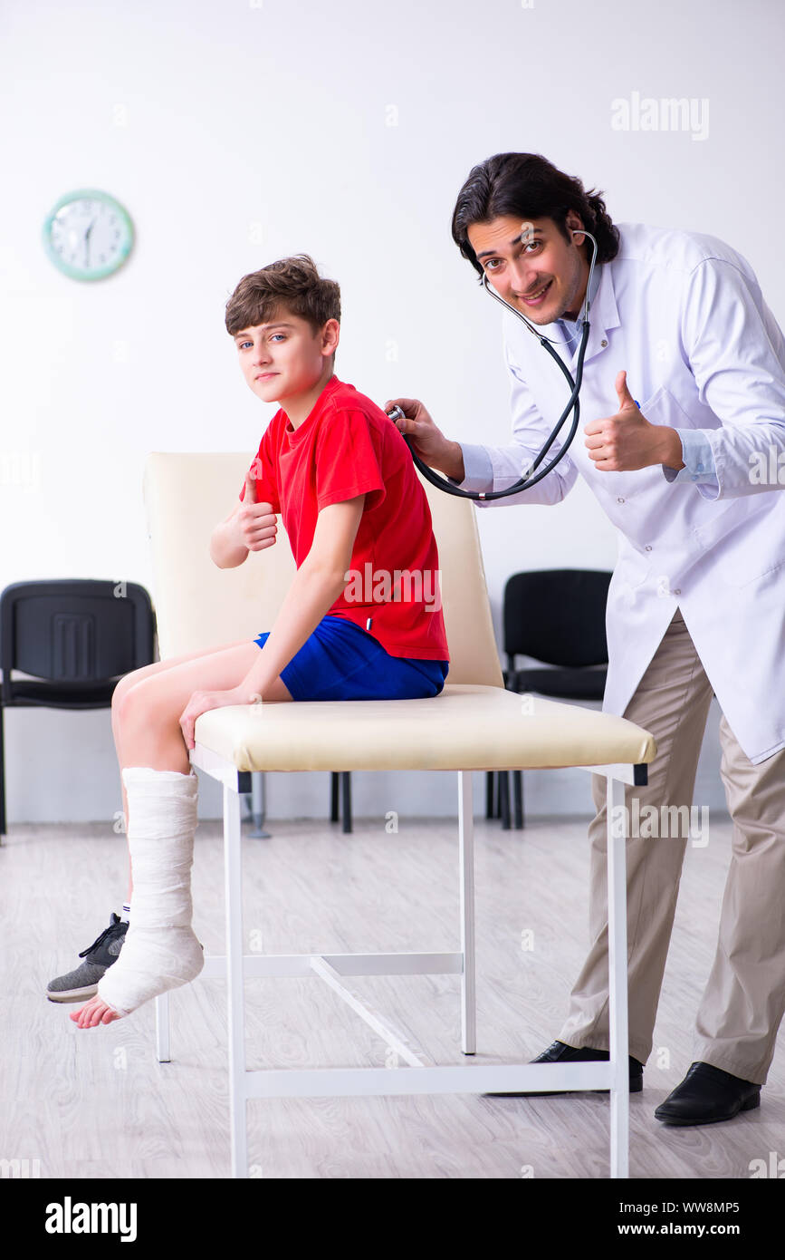 The leg injured boy visiting young doctor traumatologist Stock Photo ...