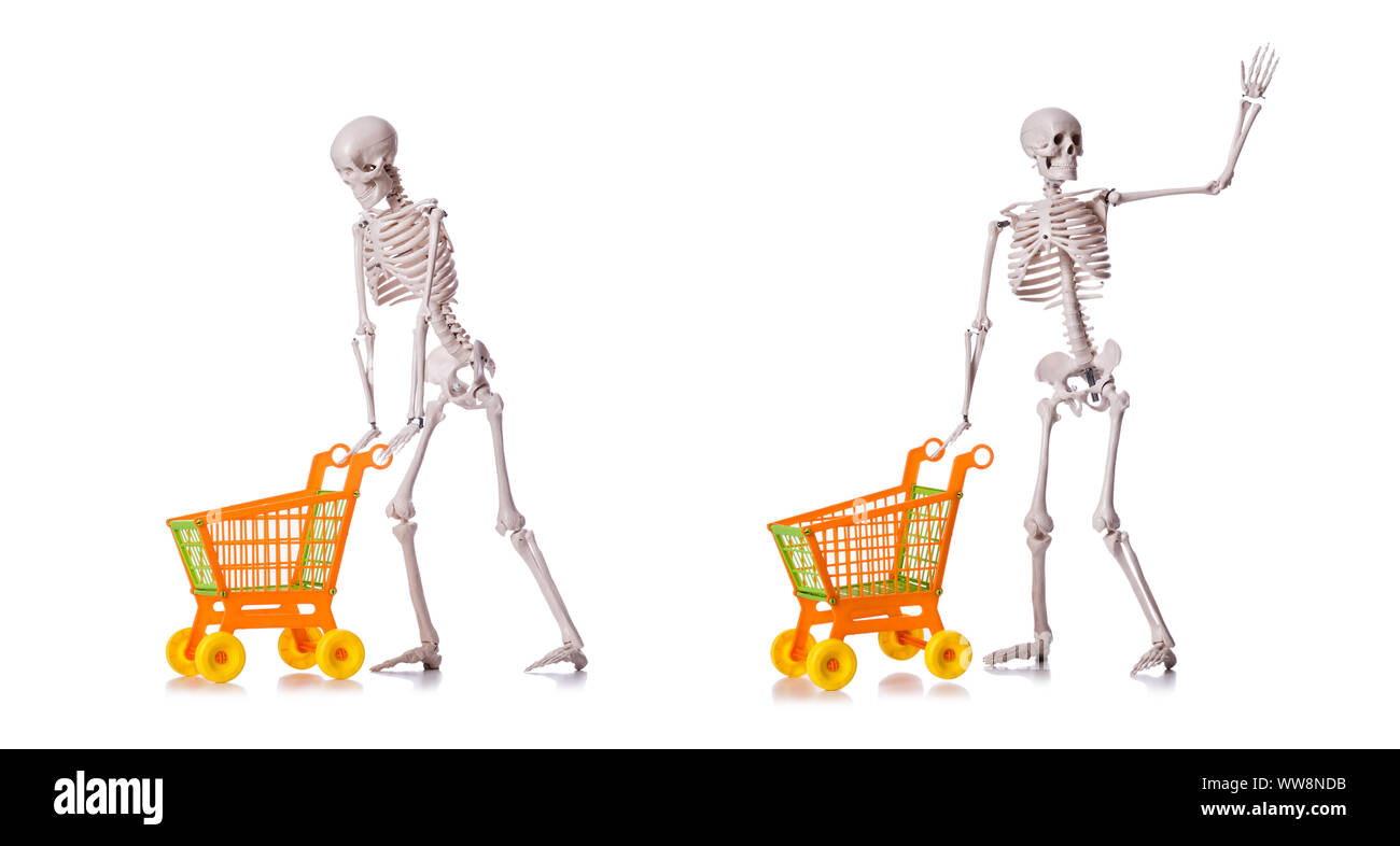 The skeleton with shopping cart trolley isolated on white Stock Photo ...