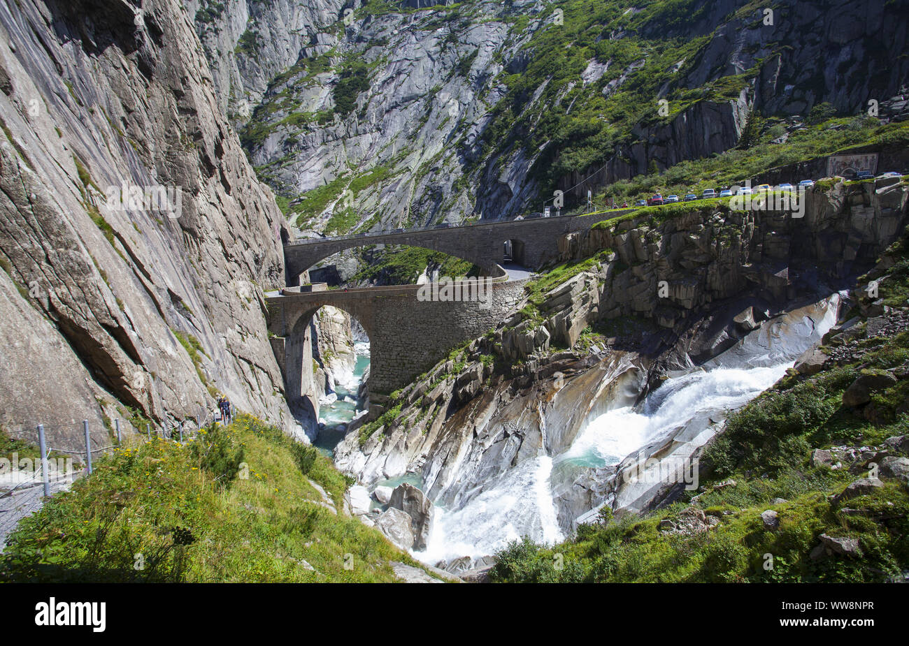 Reuss River in the SchÃ¶llenen Gorge with Devil's Bridge, Canton of Uri ...