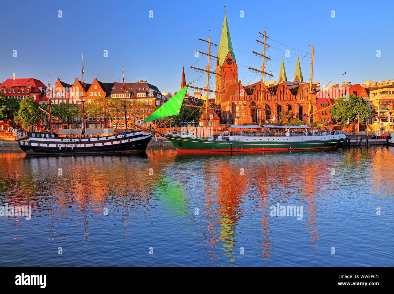 Historic sailing ships on the banks of the Weser in front of the old ...