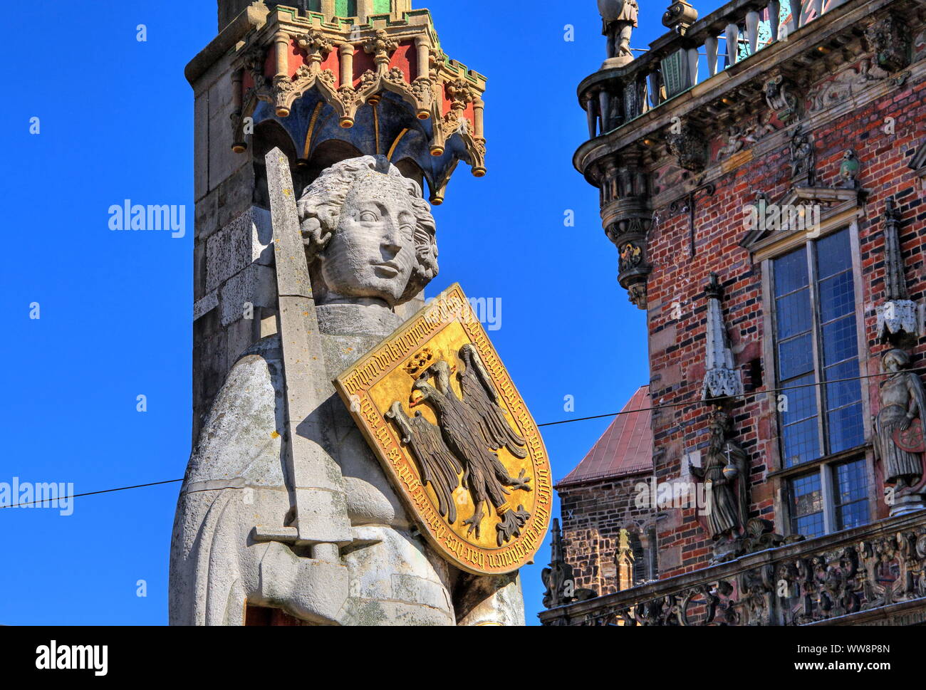Detail of the statue of Bremer Roland on the market place, Bremen ...