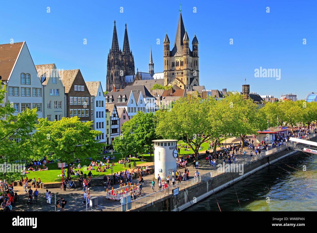 Rhine promenade in front of the old town with church GroÃŸ St. Martin ...