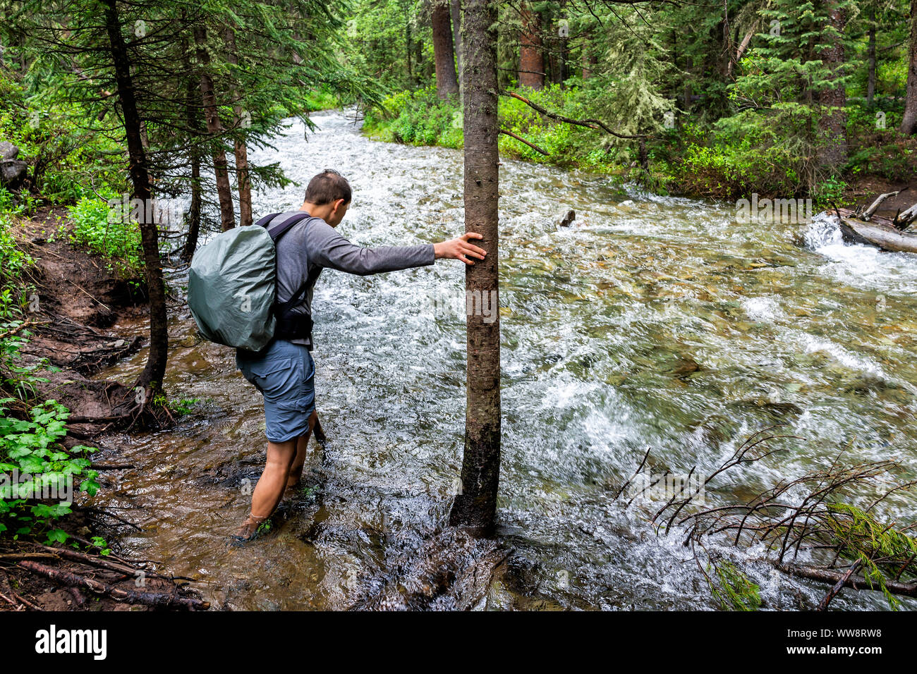 Man crossing river ford on Conundrum Creek Trail in Aspen, Colorado in ...