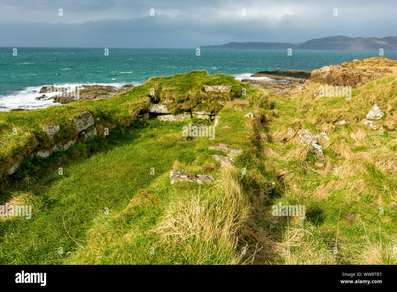 The remains of Dun Ara, a medieval castle, near Sorne Point, Isle of ...