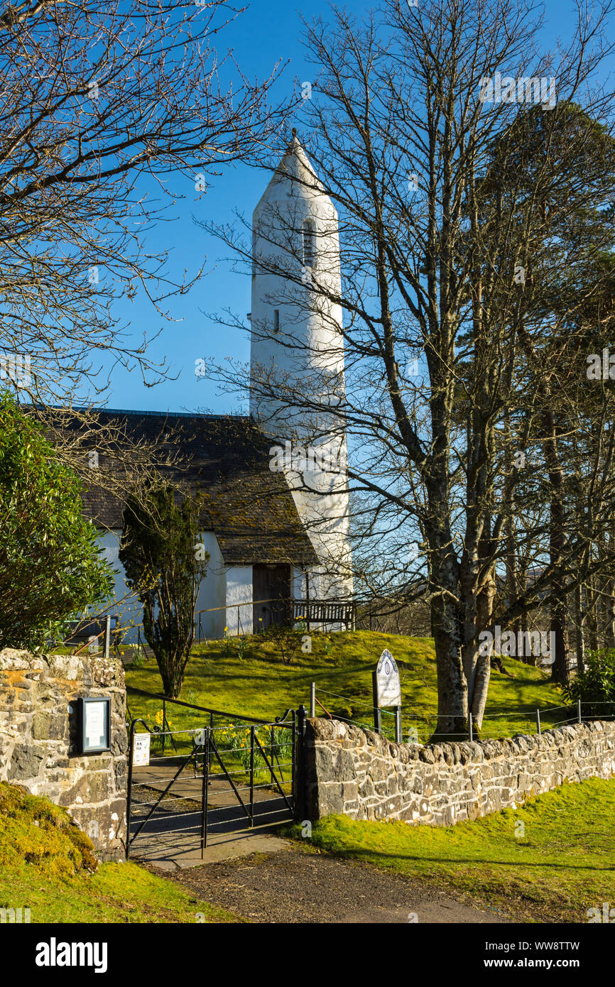 The round tower of Kilmore Church at Dervaig, Isle of Mull, Scotland ...