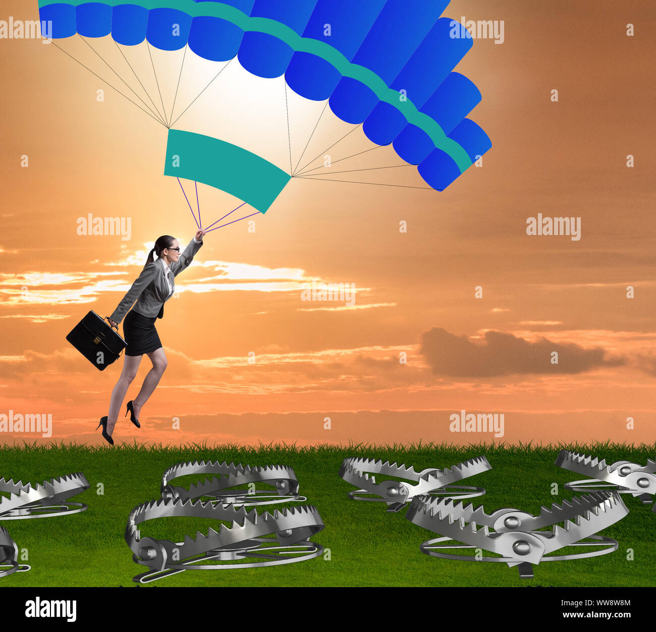 The businesswoman falling into trap on parachute Stock Photo - Alamy