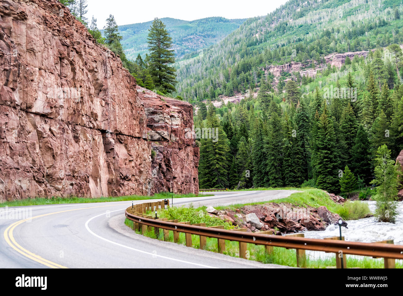 Redstone cliff winding road highway 133 in Colorado during summer with ...