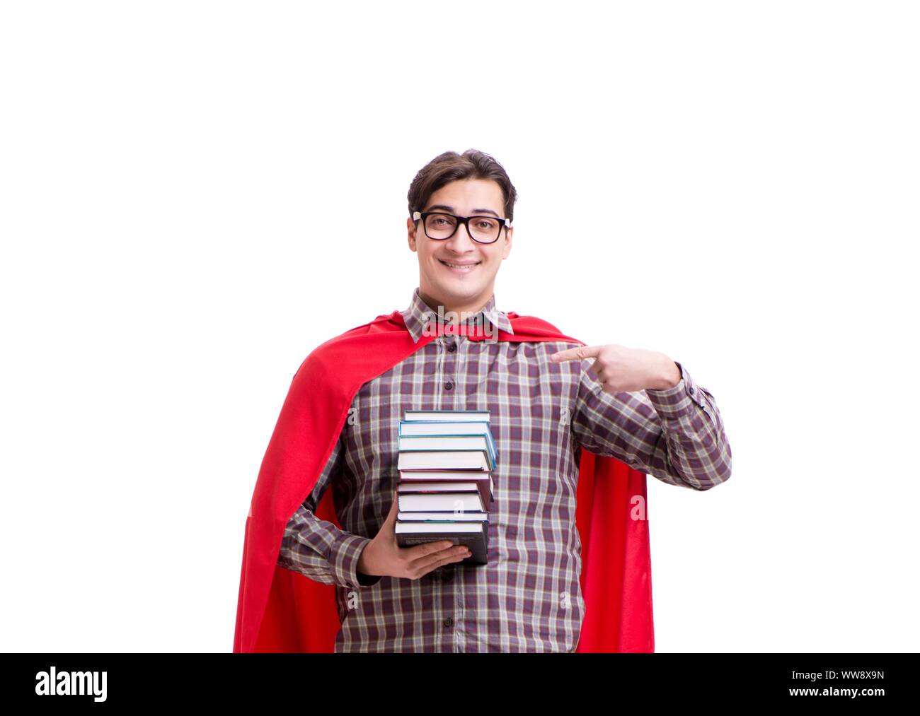 The super hero student with books isolated on white Stock Photo - Alamy